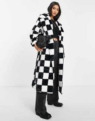 Annorlunda belted maxi coat in checkerboard faux fur | ASOS