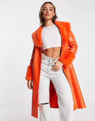 Annorlunda vinyl faux fur trim jacket in orange | ASOS