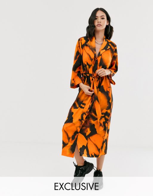 Another Reason slouch shirt dress with drawstring waist in blur print ...