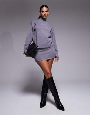 Aria Cove high neck oversized sleeve sweater and mini skirt set in gray ...