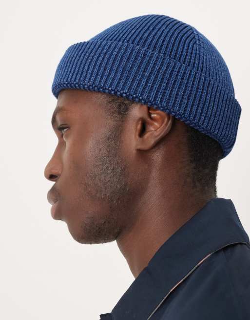 ARKET premium ribbed short beanie hat in indigo | ASOS