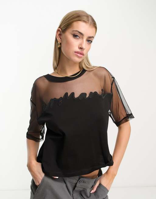 Armani Exchange sheer crop t-shirt in black | ASOS