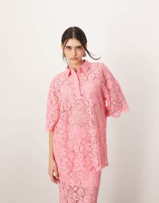 ARRANGE - Chemise à col polo d'ensemble en dentelle - Rose | ASOS