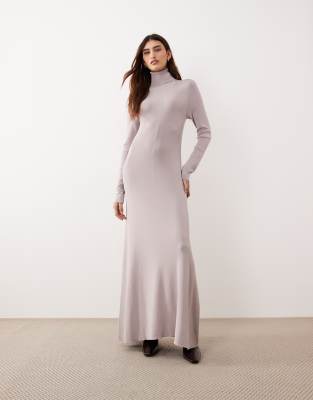 ARRANGE compact rib knit high neck maxi dress in soft grey | ASOS