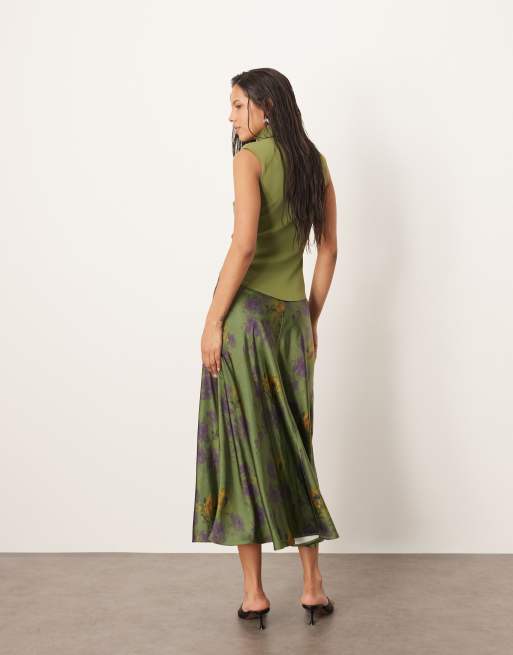 ARRANGE knit drop waist midi dress with satin skirt in inky floral | ASOS