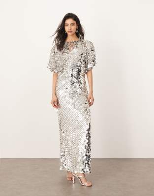 ARRANGE - Robe mi-longue à franges et sequins avec épaules marquées - Argenté | ASOS