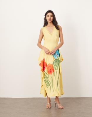 ARRANGE - Robe mi-longue sans manches à broderies fleurs fendue sur les côtés - Jaune | ASOS