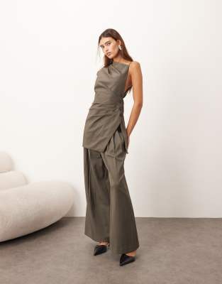 ARRANGE tailored asymmetric top and pleated wide leg pants in khaki | ASOS