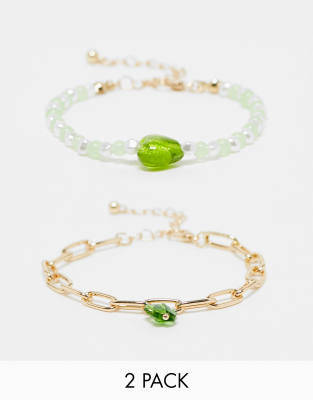 Ashiana pack of chain and pearl bracelet with green glass details. | ASOS