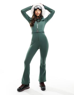 ASOS 4505 belted ski suit with slim kick leg and faux fur hood-Green ...
