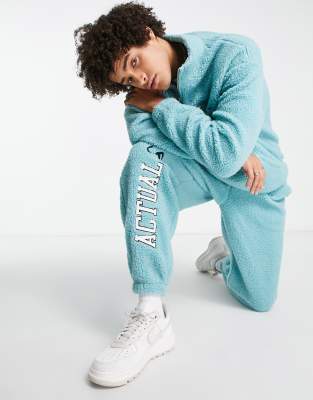 ASOS Actual relaxed trackies in borg with logo embroidery in light blue (part of a set) | ASOS
