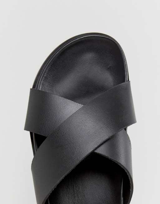 ASOS Cross Over Strap Slide Sandals In Black Leather, 41% OFF