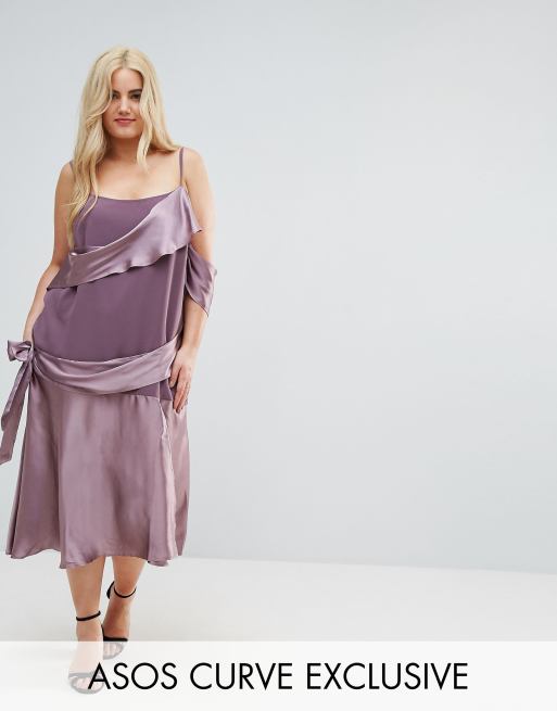 Asos Curve Midikleid Aus Satin Mit Farbblockdesign Und Schnürdesign