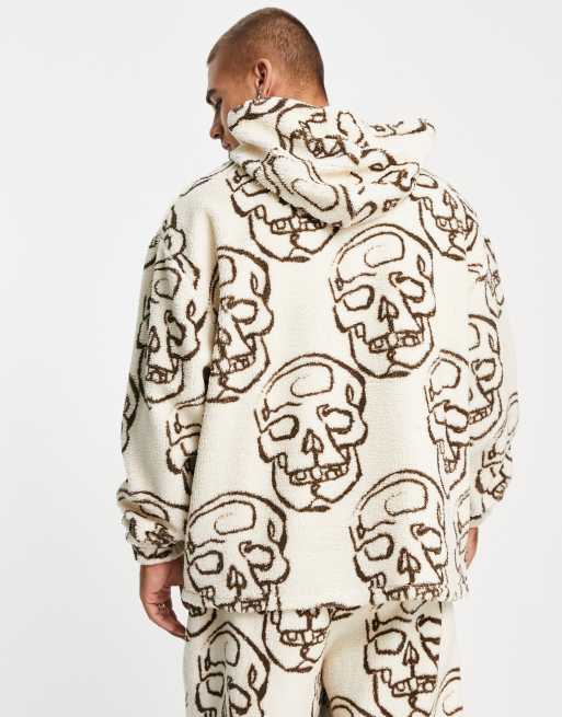 ASOS Dark Future co-ord oversized hoodie in teddy borg with all over skull print in ecru | ASOS