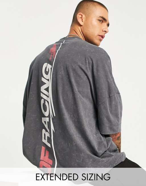 ASOS Dark Future extreme oversized t-shirt with front and back racing graphic prints in washed ...