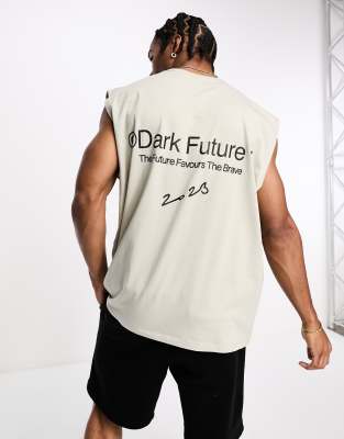 ASOS Dark Future oversized singlet with multi logo print in light khaki ...