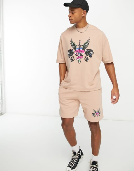 Asos Dark Future Relaxed Shorts With Raw Edges And Graphic Print In