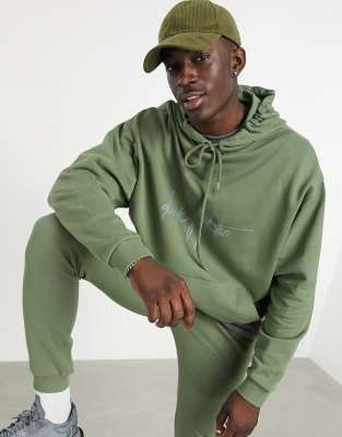 Asos Dark Future Set Oversized Hoodie With Logo Chest Print In Olivine ...