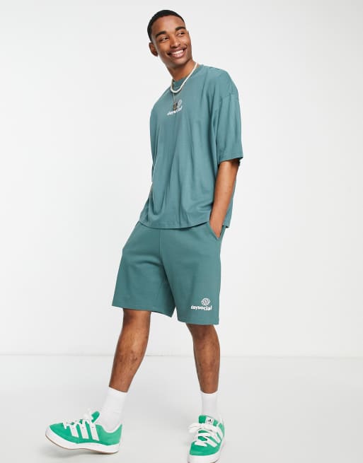 Asos Daysocial Relaxed Short With Logo Print In Teal Part Of A Set Asos
