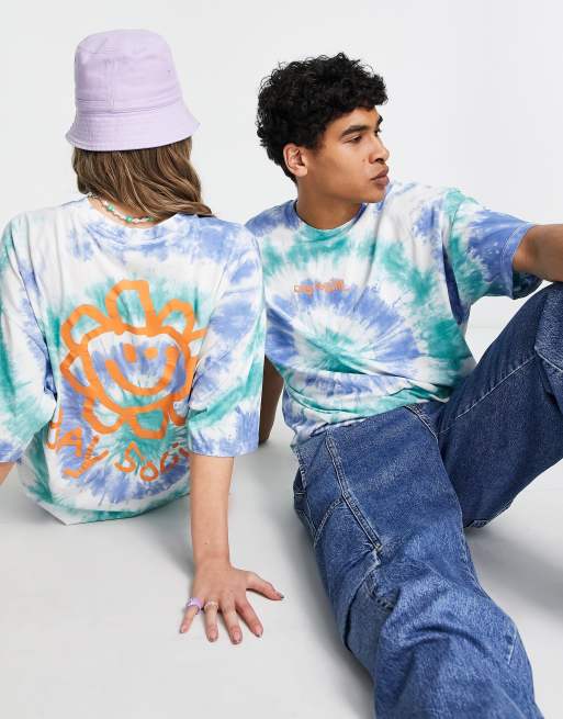 Asos Daysocial Unisex Batikfarvet Oversized T Shirt Med Skrift