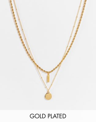 ASOS DESIGN 14k gold plated pack of 2 necklaces with bar and disc ...