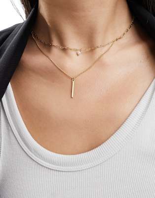ASOS DESIGN 14k gold plated pack of 2 necklaces with faux pearl and bar ...