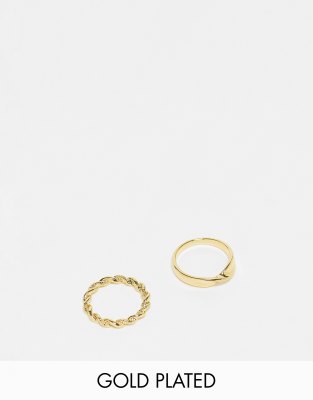 ASOS DESIGN 14k gold plated pack of 2 rings with twist design in gold ...