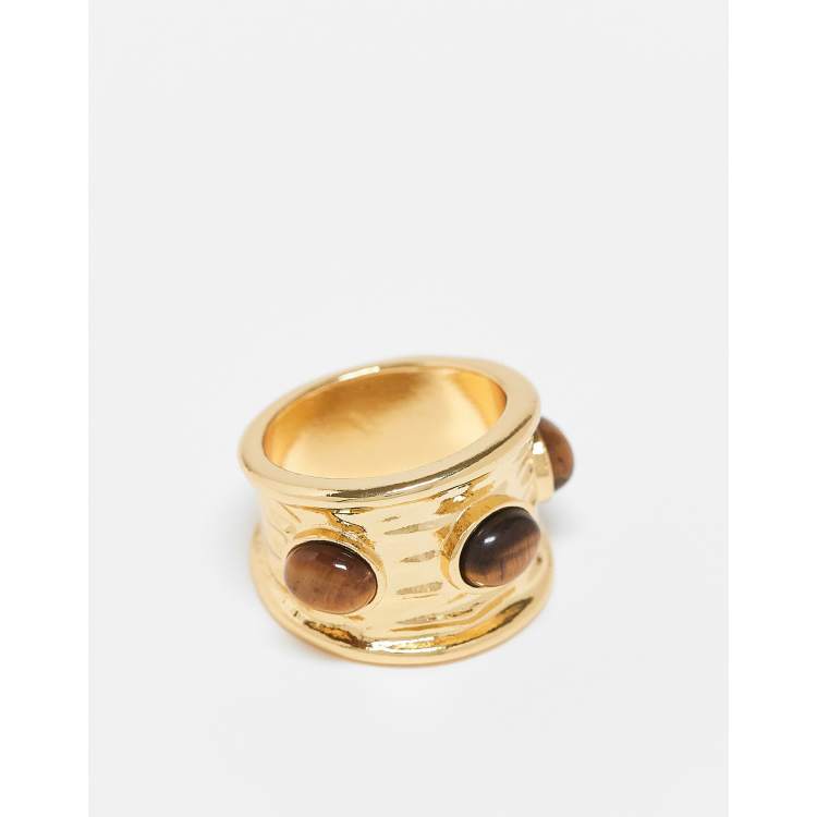 ASOS Design 14K Gold Plated Ring with Real Tigers Eye Semi Precious Stone Design
