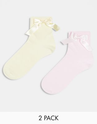 ASOS DESIGN 2 pack bow ankle socks in yellow and pink | ASOS