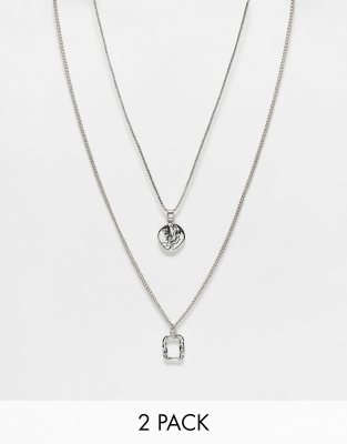 ASOS DESIGN 2-pack chain necklaces with molten pendants in silver tone ...