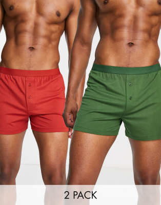 ASOS DESIGN 2 pack christmas boxers in dark green and red | ASOS