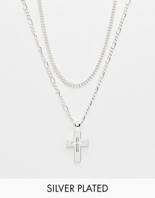 ASOS DESIGN 2 pack curb neck chain with cross pendant in real silver ...