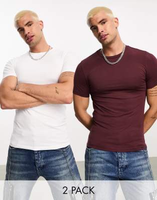 ASOS DESIGN 2 pack muscle fit t-shirt in white and brown | ASOS