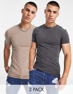 ASOS DESIGN 2 pack muscle fit t-shirt with crew neck in beige and gray ...