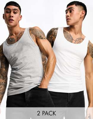 ASOS DESIGN 2 pack muscle vest with crew neck in white and grey marl | ASOS