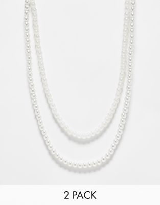 ASOS DESIGN 2 pack necklace set with 6mm glass faux pearl and cat eye ...