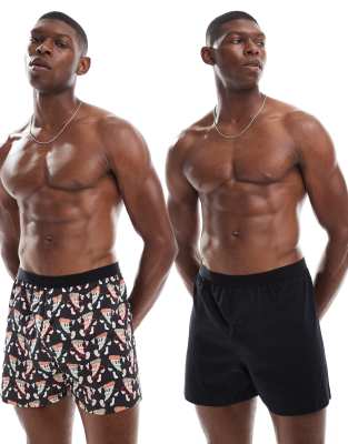 ASOS DESIGN 2 pack of boxer shorts with pizza graphic in black | ASOS