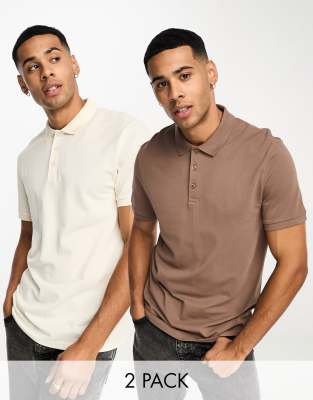 ASOS Design 2 pack pique polo in ecru and brown | ASOS