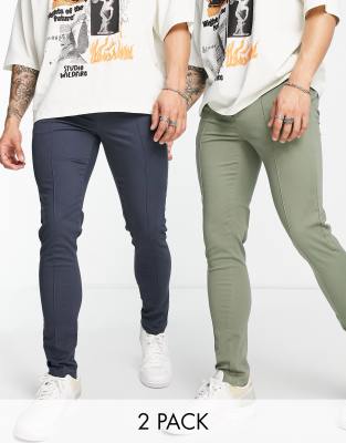 ASOS DESIGN 2 pack skinny chinos with pin tucks in navy and khaki | ASOS