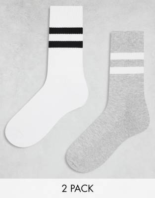 ASOS DESIGN 2 pack sock with stripes in white and grey | ASOS