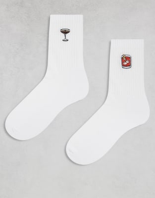 ASOS DESIGN 2 pack socks with embroidery cocktails in white | ASOS