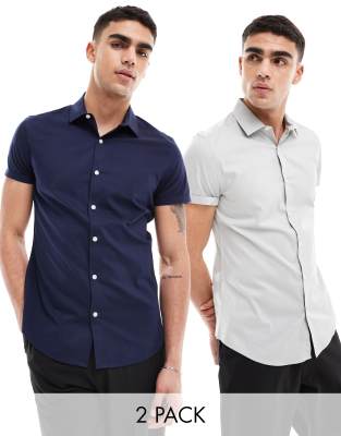 ASOS DESIGN 2 pack stretch slim fit work shirt in navy/gray | ASOS