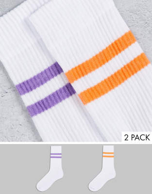 ASOS DESIGN 2 pack white sports sock with colourblock stripe | ASOS