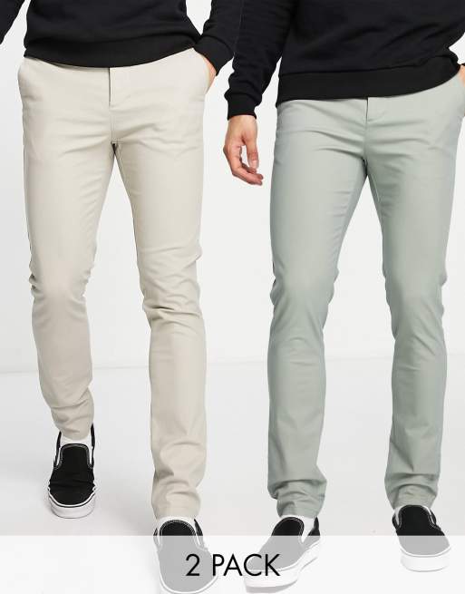 Asos Design 2er Pack Enge Chinohosen In Salbeigrün Und Hellem Beige