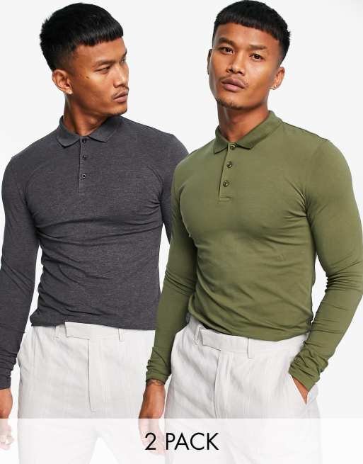 Asos Design 2er Pack Langärmlige Polohemden In Khaki Und Anthrazit