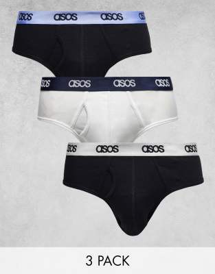 ASOS DESIGN 3 pack briefs in black and white with contrast branded ...