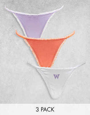 ASOS DESIGN 3 pack Butterfly Bright frill edge tanga thong in multi | ASOS