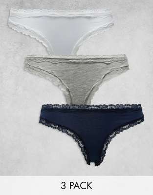 ASOS DESIGN 3 pack cotton & lace brazilian brief in grey, white & navy ...
