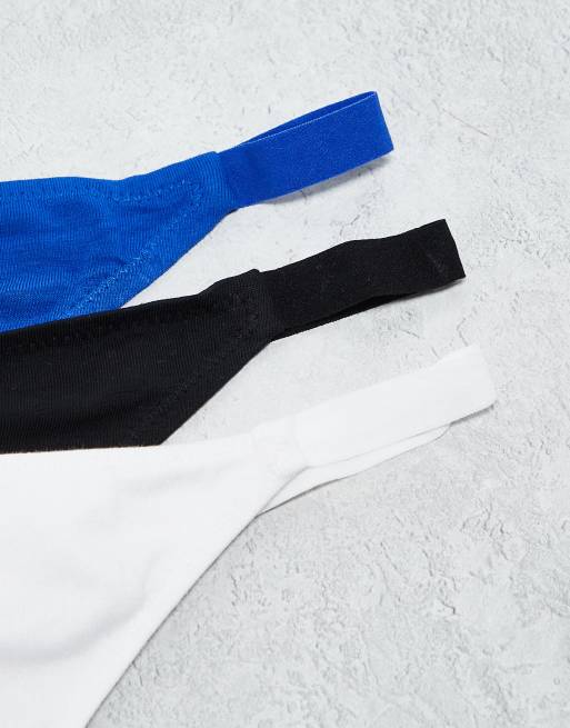 ASOS DESIGN 3 pack cotton tanga thongs in black, white & cobalt blue | ASOS