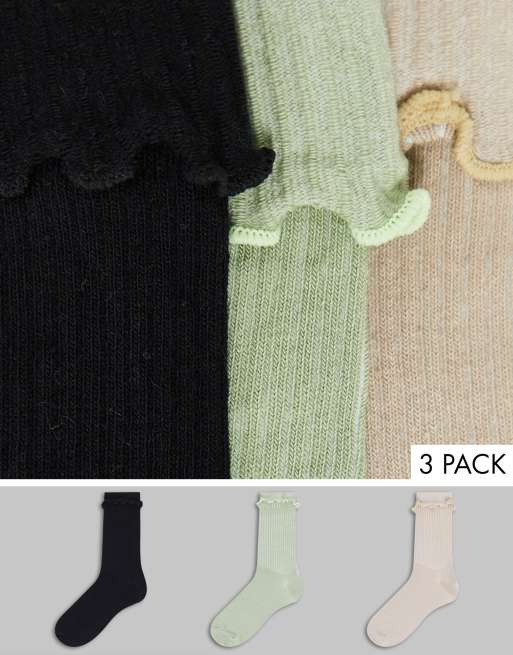 Asos Design 3 Pack Fold Top Frill Calf Length Socks In Multi Asos